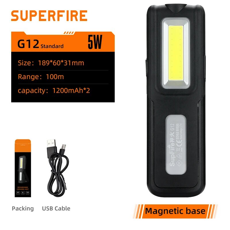 Портативный светодиодный фонарик SUPERFIRE G12 COB, перезаряжаемый через USB, рабочий фонарь с магнитом, для ремонта автомобилей, со встроенным аккумулятором