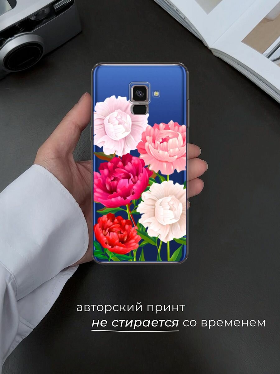 Чехол на Samsung Galaxy A8 2018 / Самсунг Галакси А8 2018 с принтом "Большие пионы", прозрачный — фото 1