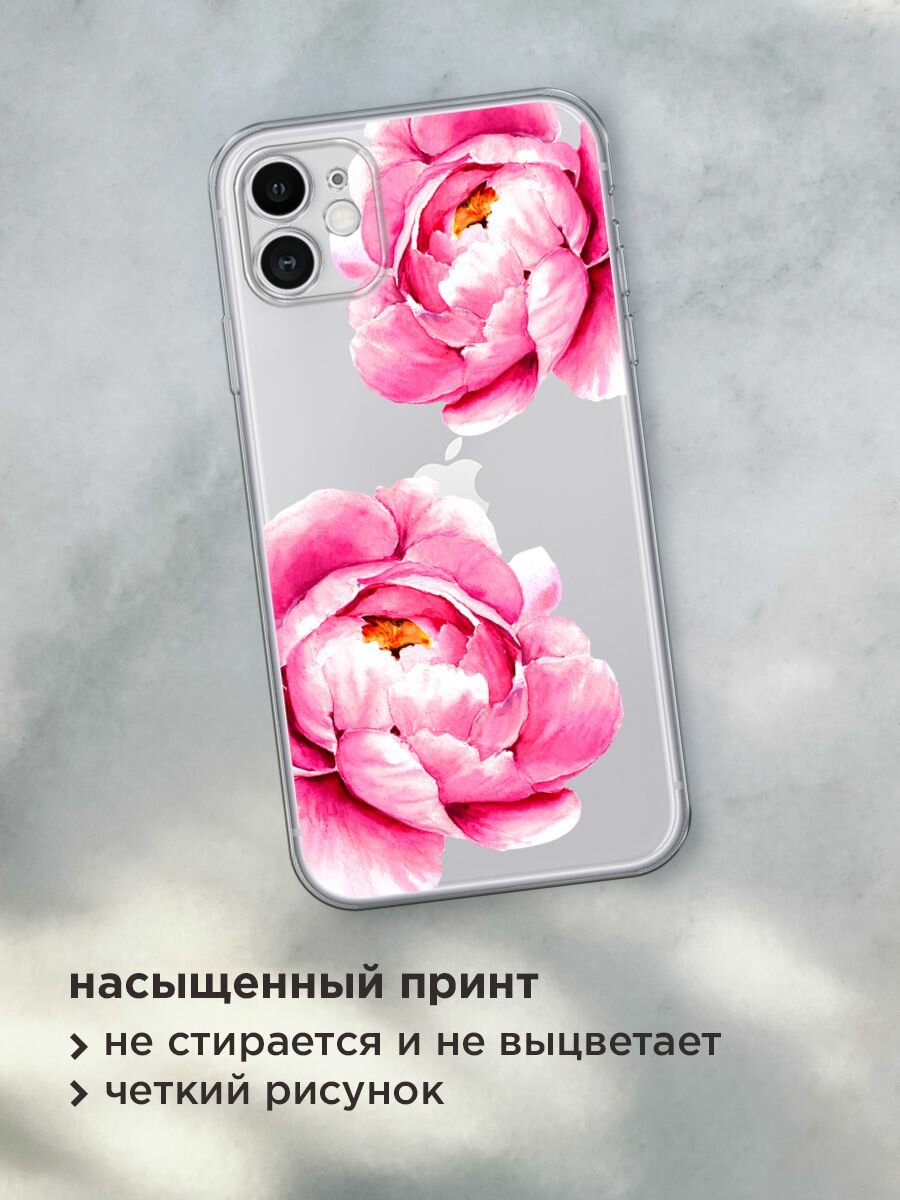Чехол на Apple iPhone 11 / Айфон 11 с принтом "Open peonies", прозрачный — фото 1