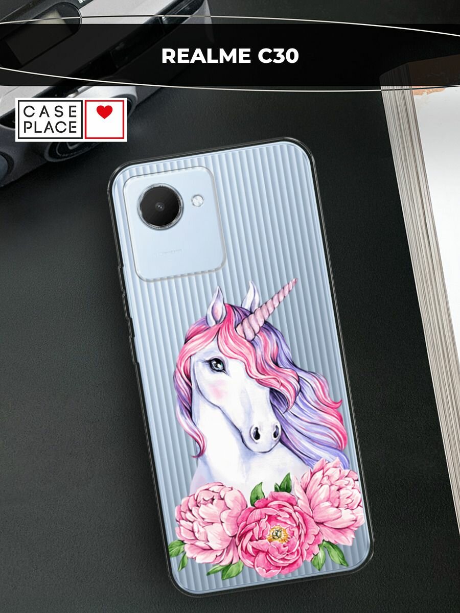 Чехол на Realme C30 / Реалми C30 с принтом "Единорог с пионами", прозрачный