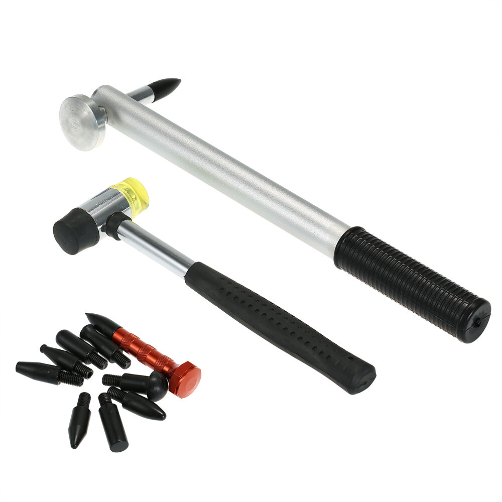 Инструмент для ремонта без окраски удаление вмятин молоток для ремонта накладка ручка 9 штук головка материал металл пластик цвет серебристый размер упаковки 32*14*7см вес упаковки 462.9г набор 2 молотка 9 головок