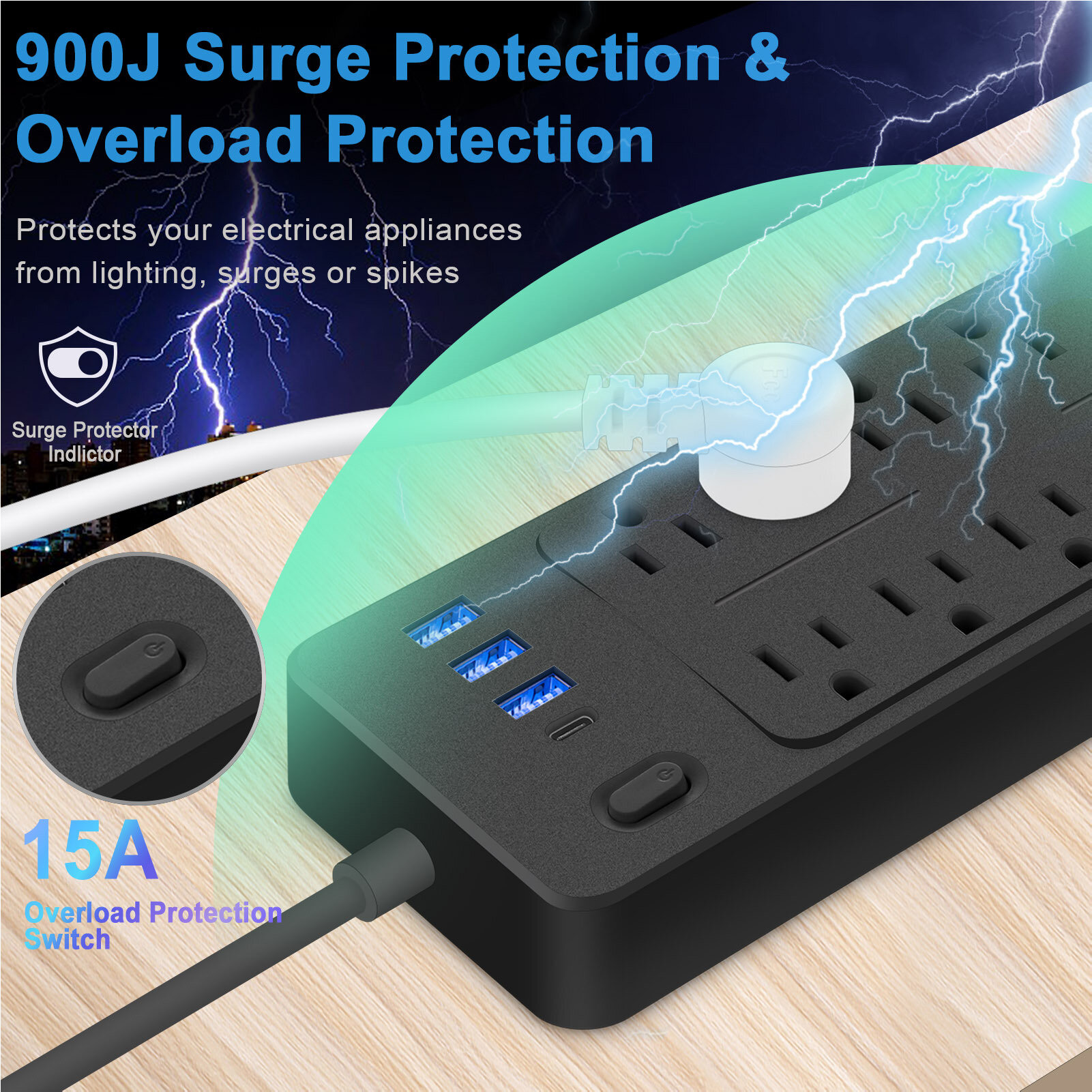 [通拓商品]14-в-1 сетевой фильтр с USB-портами, шнур длиной 3,9 фута, многофункциональная защита от молнии, автоматическое отключение, сетевой фильтр с 10 розетками переменного тока, 3 USB-порта и 1 порт Type-C, огнестойкий корпус