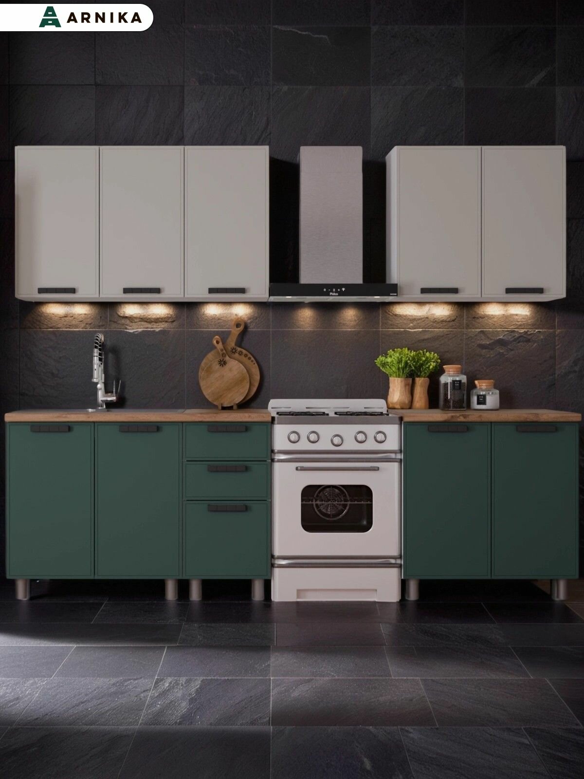 ARNIKA Кухонный гарнитур 2 м со столешницей Керамика/Изумруд, скоба черный, сонома