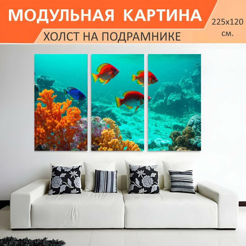 Модульная картина на холсте "Мятный цвет показывают мятный подводный мир с яркими кораллами и экзотическими рыбами, которые." триптих на подрамнике 225х120 см. для интерьера