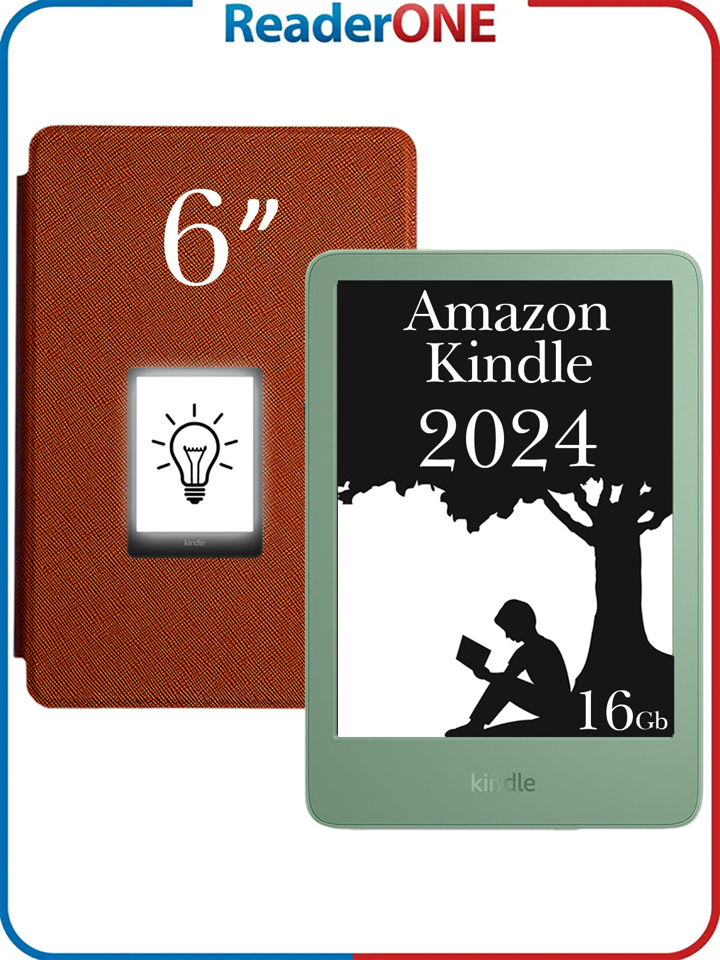 Электронная книга Amazon Kindle 11, 6 дюймов, 2024, 16 Гб, SO, зеленая (Matcha) с обложкой ReaderONE Brown