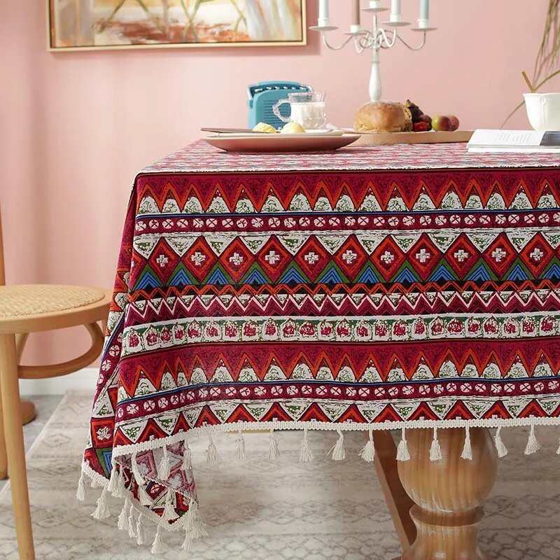 Этническая скатерть синяя хлопковая 140X180CM, Бордовый, Red