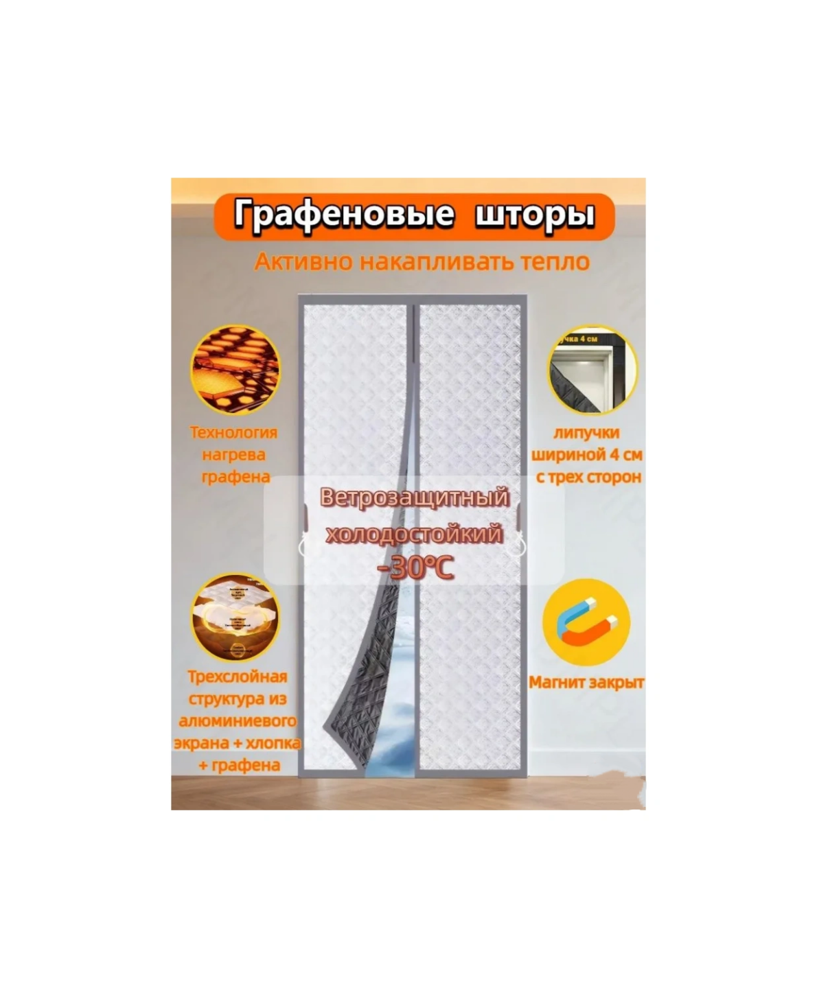 Занавеска на дверь， Графеновый накопитель тепла， 90x200 см， серебристый