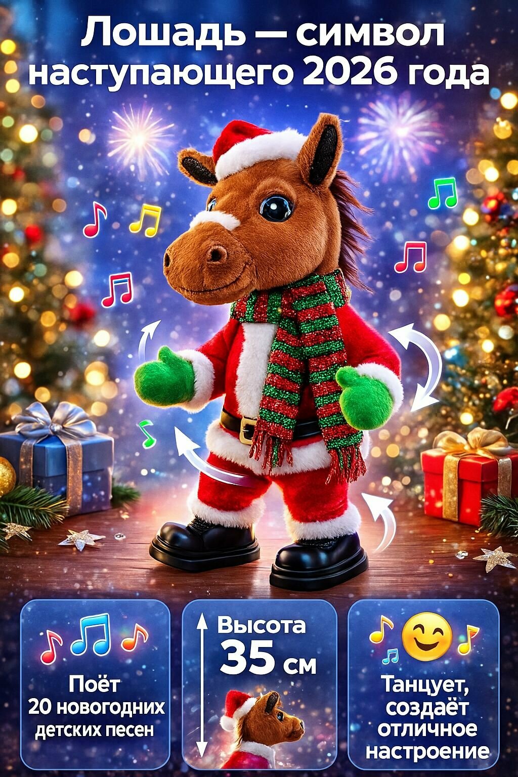 Музыкальная танцующая лошадка 2026 поёт, повторяет голос, подарок на Новый год