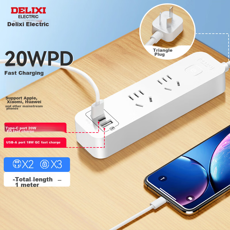 DELIXI 20WPD Fast Charging Power Strip/Extension Cord/Power Bar/Power Strip with Type-C Port + USB Port + 2 Outlets, 1 Meter Long, Master Switch