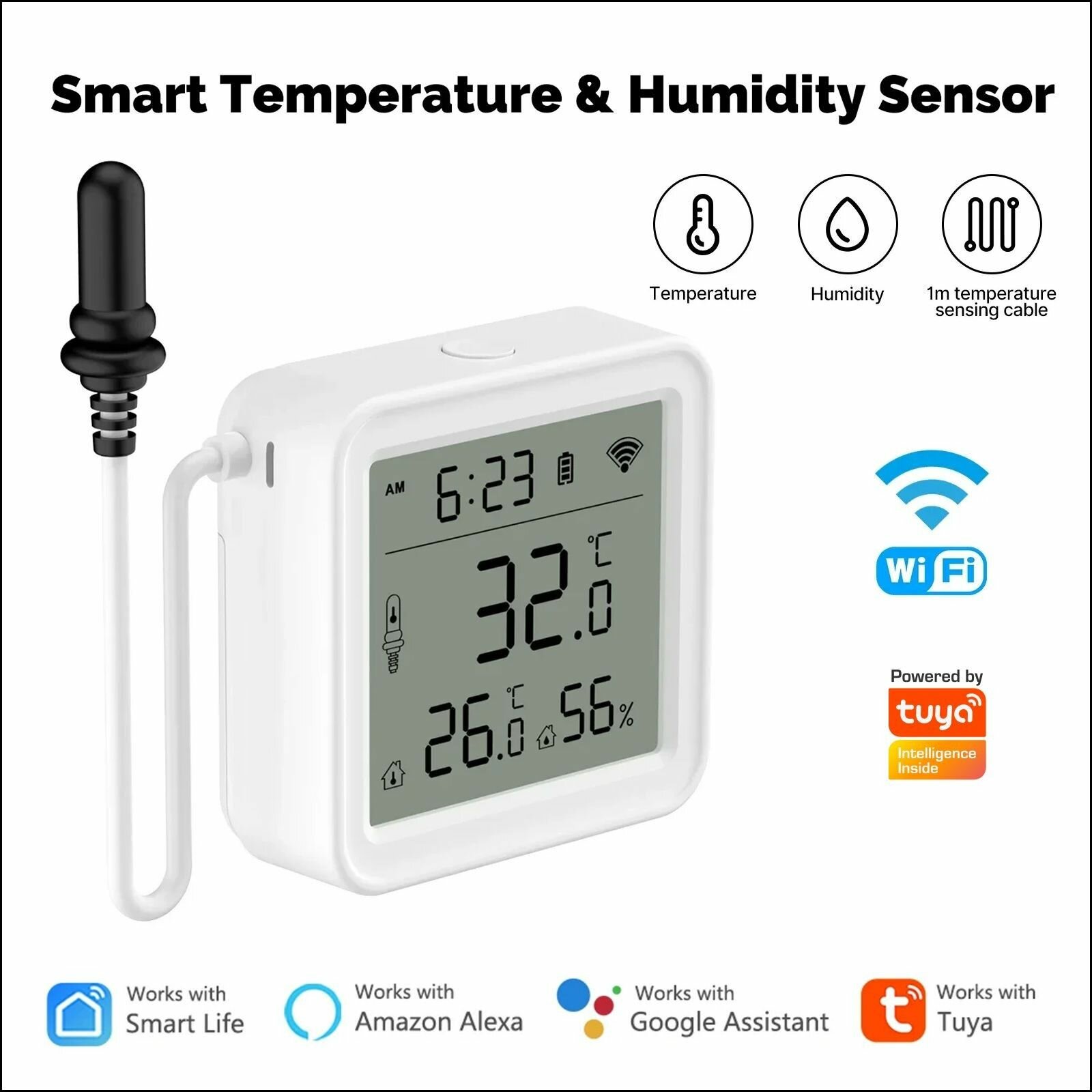Эксклюзивный проводной WiFi сенсор температуры и влажности Tuya