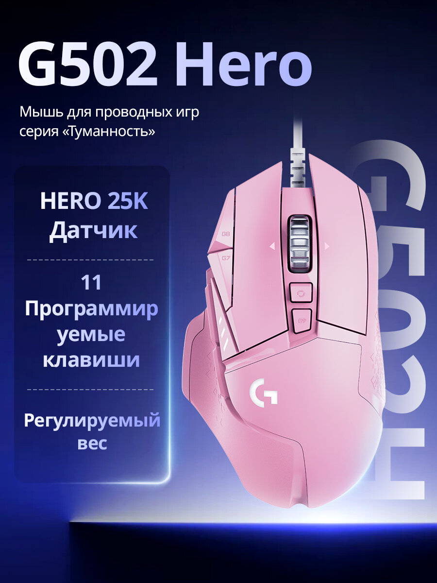 Logitech Игровая мышь G502 Hero, розовый розовая G502