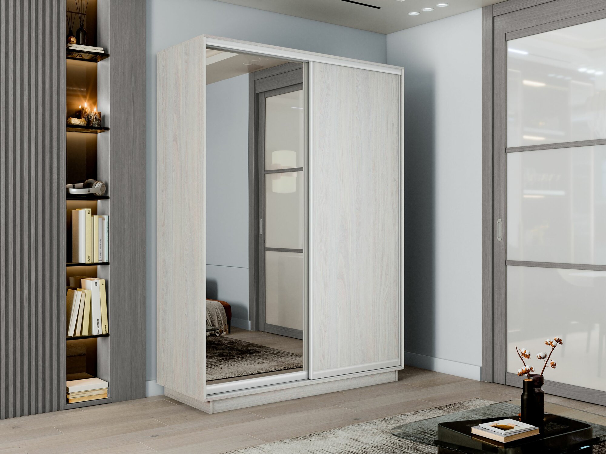 Шкаф купе Вилли 2-х дверный ЛДСП с зеркалом, профиль серебро 140 см х 220 см х 45 см (Ясень анкор-светлый)