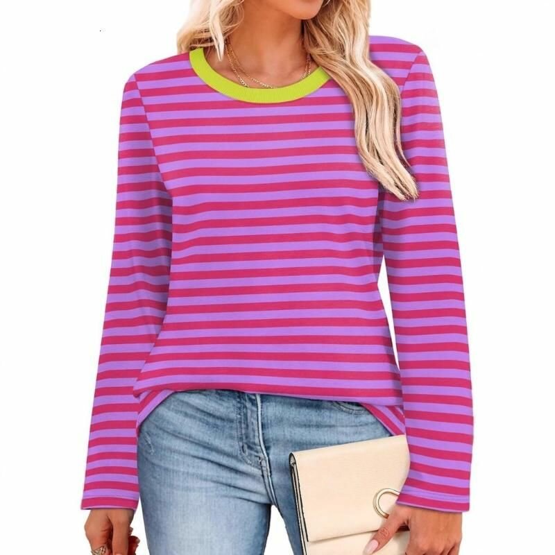 Женская полосатая футболка с длинными рукавами, розово-красный - XL