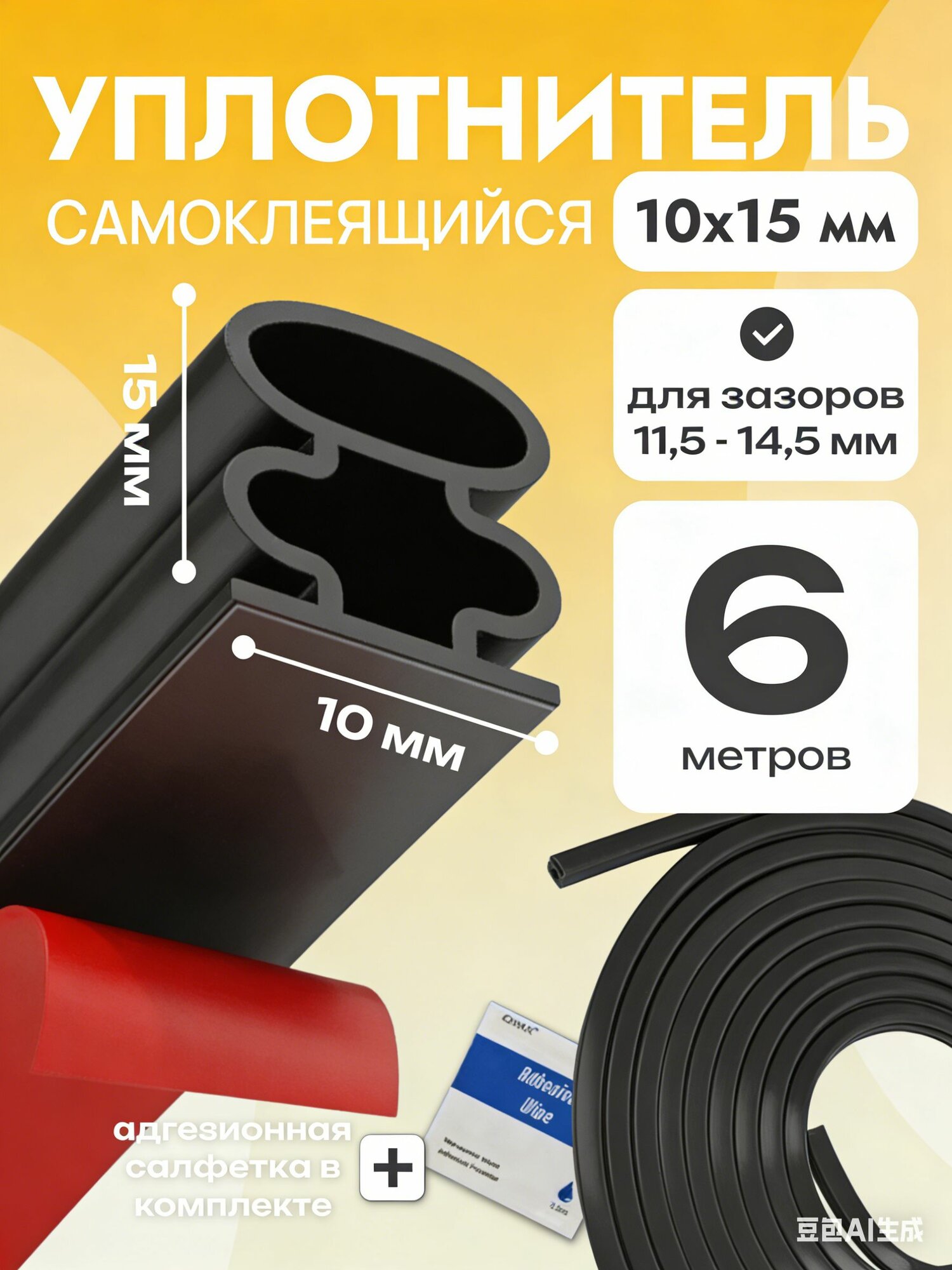 Самоклеящийся уплотнитель утеплитель для дверей 10х15 мм,6 метров