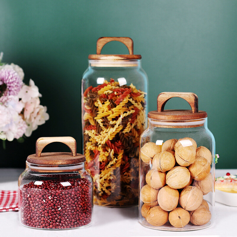 Стеклянная банка с ручкой и крышкой для сухофруктов, прозрачного чая, кофейных зерен, продуктов, круп и герметичная банка для хранения