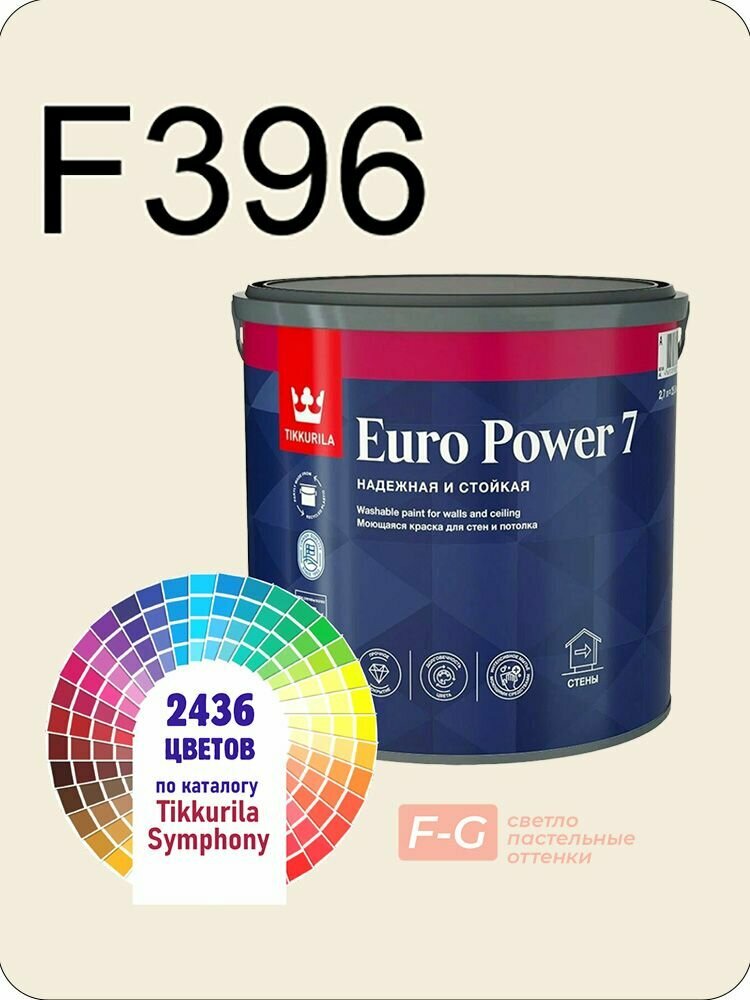 Краска для стен и потолков Tikkurila Euro Power 7 2,7л. светло-пастельные оттенки F396