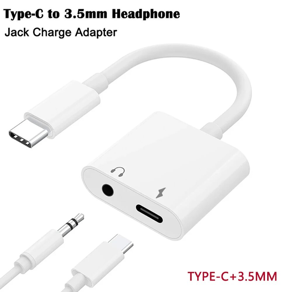 Кабель-переходник 2-в-1 USB-C на 3,5 мм Jack Aux, аудиоадаптер для наушников Samsung, Xiaomi, Huawei, разветвитель аудиокабеля