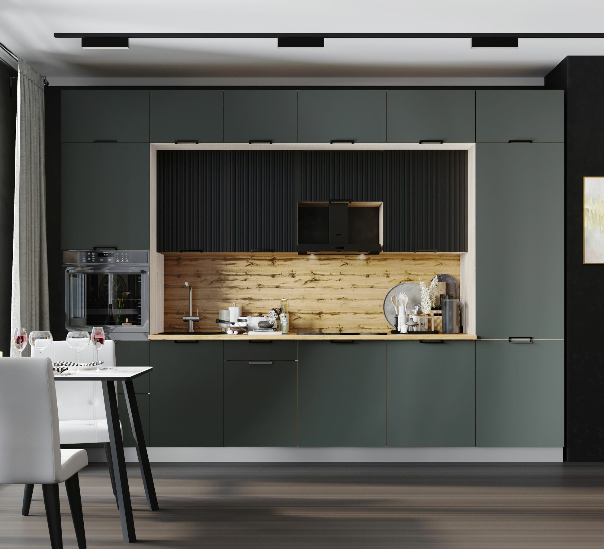 Кухонный гарнитур3,4м Кампео Лайт МДФ темно-зеленый/черная шагрень без столешницы, тэкс