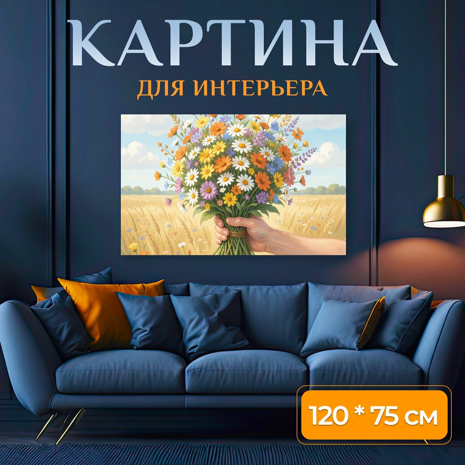 Картина на холсте "Букет полевых цветов в руках. Яркая летняя иллюстрация: пышная охапка разноцветных ромашек и луговых трав в ладони, золотое." на подрамнике 120х75 см. для интерьера