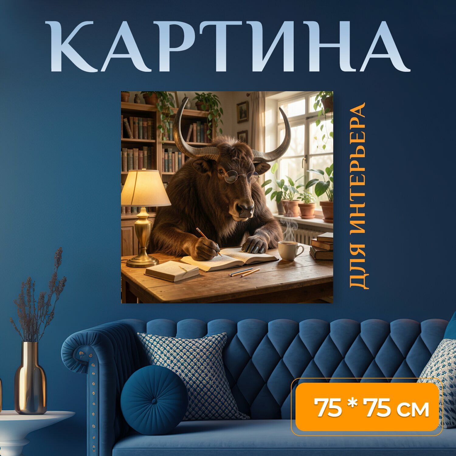 Картина на холсте "Могучий лось с густой темно-коричневой шерстью и большими ветвистыми рогами сидит за деревянным столом в уютной комнате с." на подрамнике 75х75 см. для интерьера
