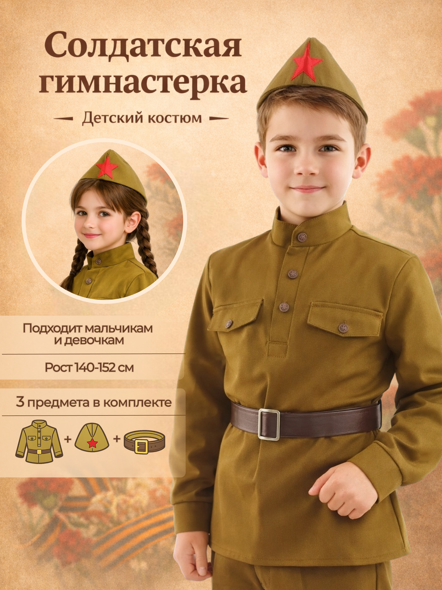 Карнавальный костюм "Бока" (Россия) для мальчика на 8 - 10 лет, рост 140 - 152 см, набор военного на парад 9 мая, 23 февраля, пилотка, гимнастерка, ремень, 2278