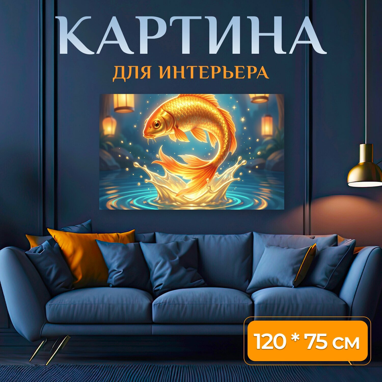 Картина на холсте "Золотой карп над водой. Светящийся японский карп в прыжке над водной гладью, брызги и круги на воде, фонарики и мерцающие." на подрамнике 120х75 см. для интерьера