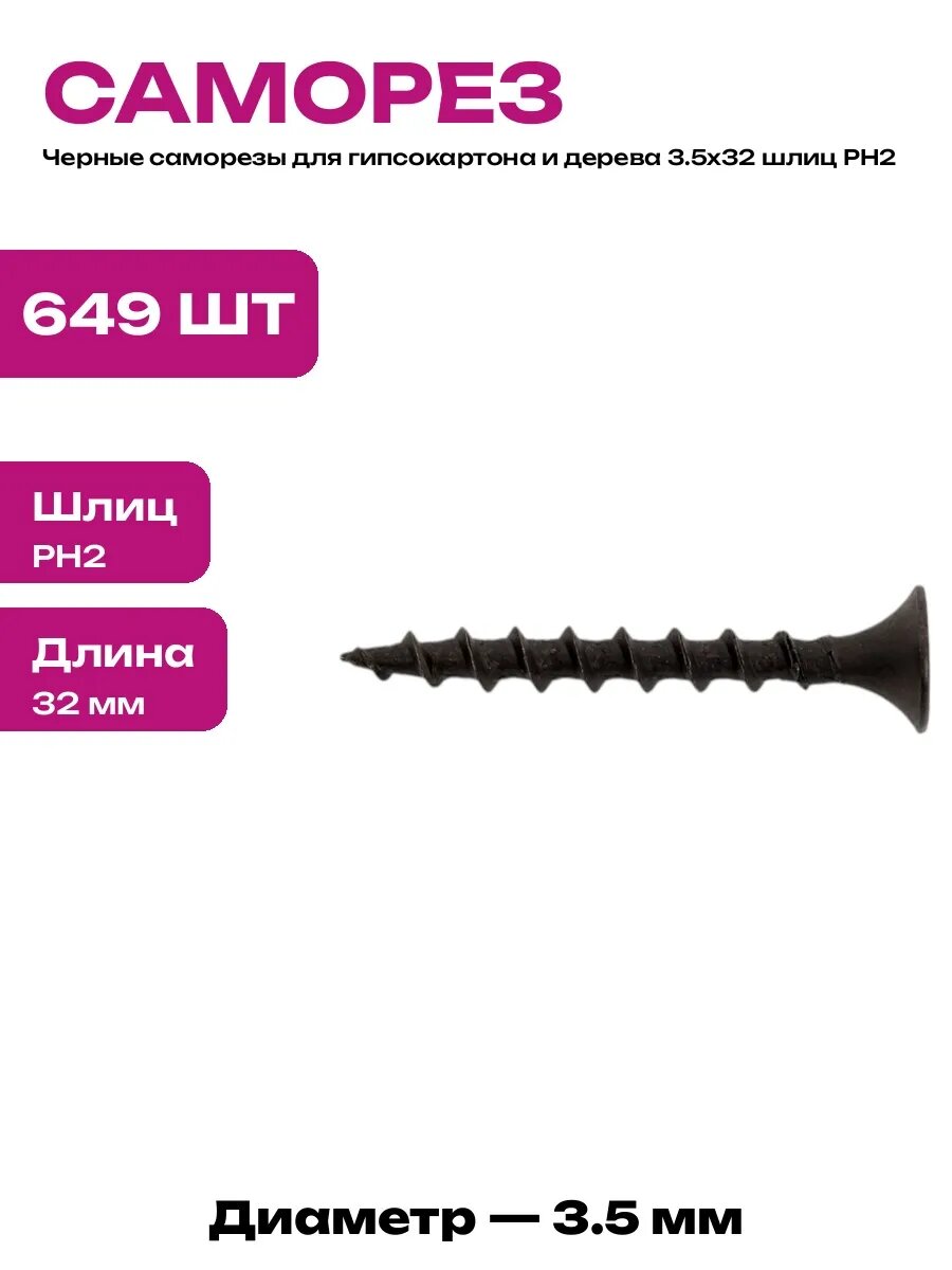 Острые черные саморезы 3.5х32 для отделочных работ по дереву