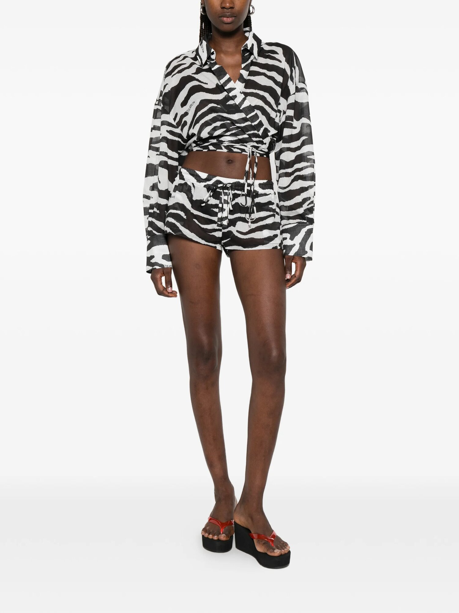 Шорты The Attico Zebra-pattern drawstring shorts, размер 40, бежевый/белый — фото 1