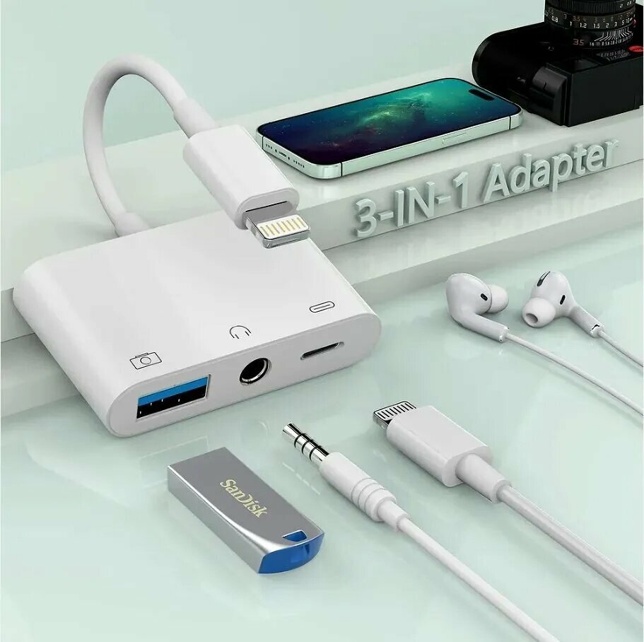 Адаптер OTG / Адаптер-переходник / Устройство чтения SD-карт для цифровых камер, совместимое с iPhone и iPad разъемом для наушников 3,5 мм и зарядкой для iPhone 14 13 12 11 Поддержка флэш-накопителя