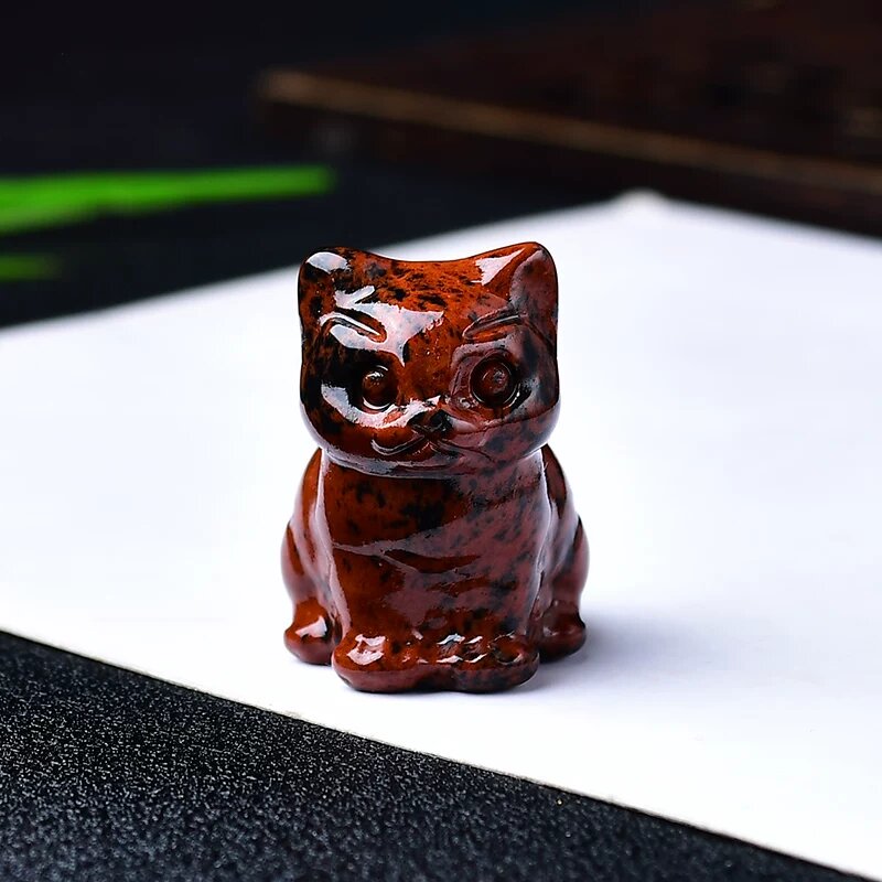Кошачья статуэтка из красного обсидиана, натуральный камень для офиса