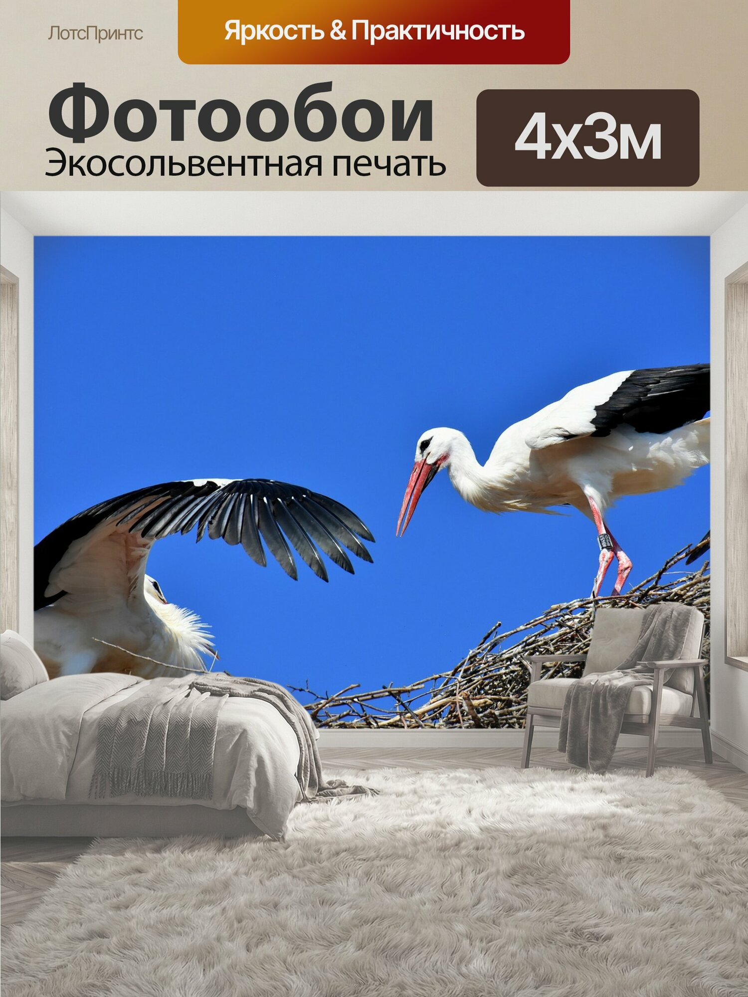 Фотообои "Аист, летающий, крыло" 400x300 см. экосольвентная печать
