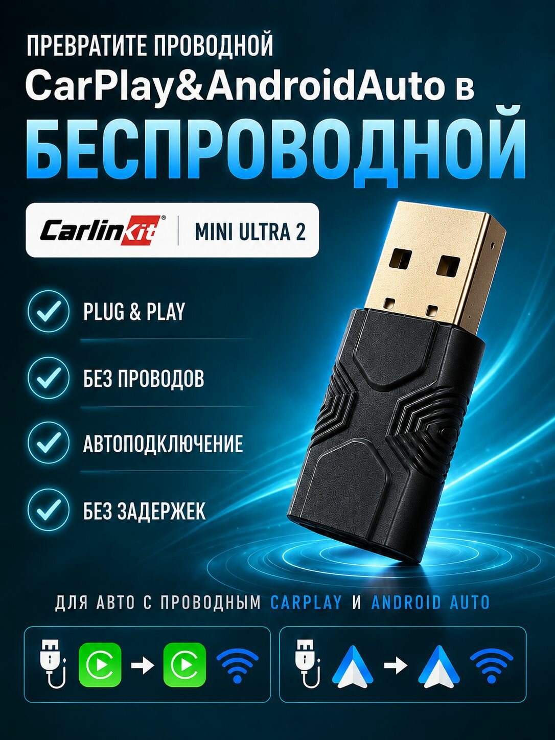 Carlinkit Mini Ultra 2 - адаптер беспроводного подключения iPhone/Android по протоколу CarPlay/Android Auto