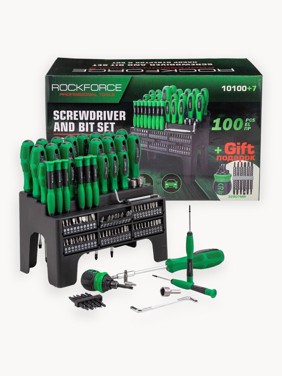 Набор отверток и бит Rockforce 100 предметов RF-10100+7, для ремонта электроники