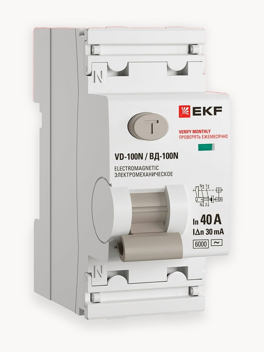 Устройство защитного отключения (УЗО) EKF PROXIMA ВД-100N 40А, ток утечки 30мА, тип AC, электромеханическое, 2P, 6кА
