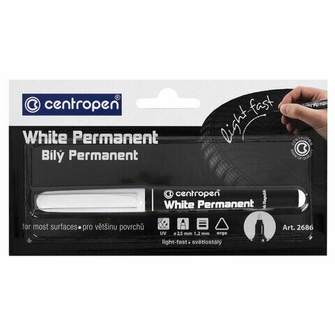 6 шт. Маркер перманентный белый CENTROPEN, круглый наконечник, 1,2 мм, блистер, 2686, 5 2686 6000