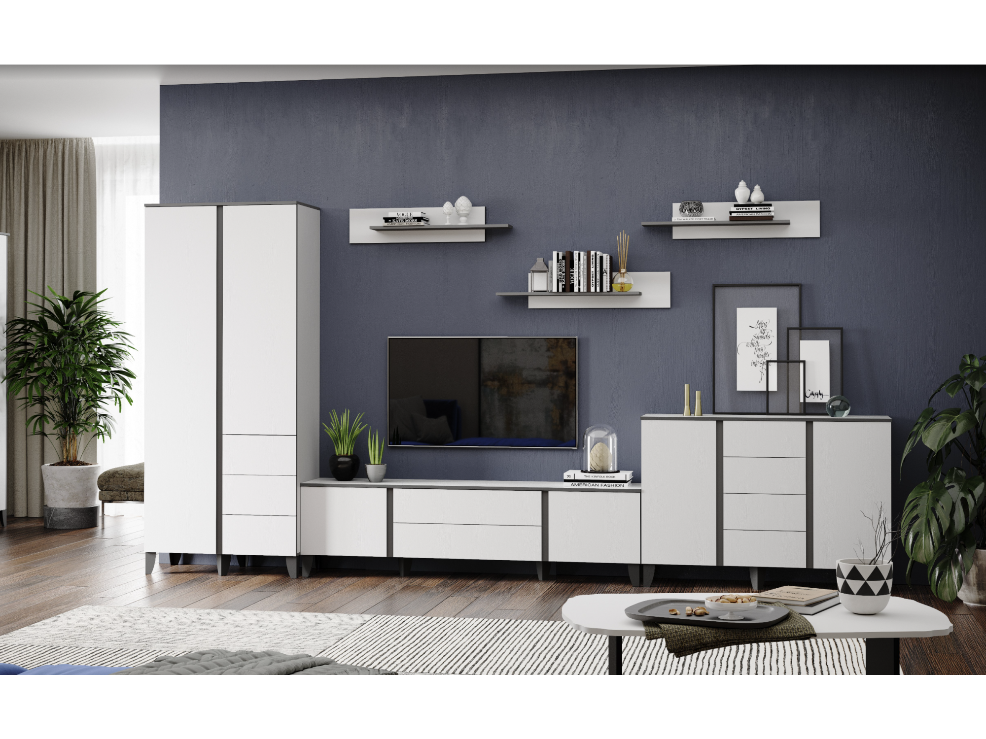 Модульная Гостиная в современном стиле, композиция 2, Белый/Графит серый