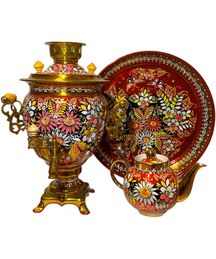 Самовар «Цветы на бордовом» электрический формой жёлудь 3л в наборе с подносом и чайником