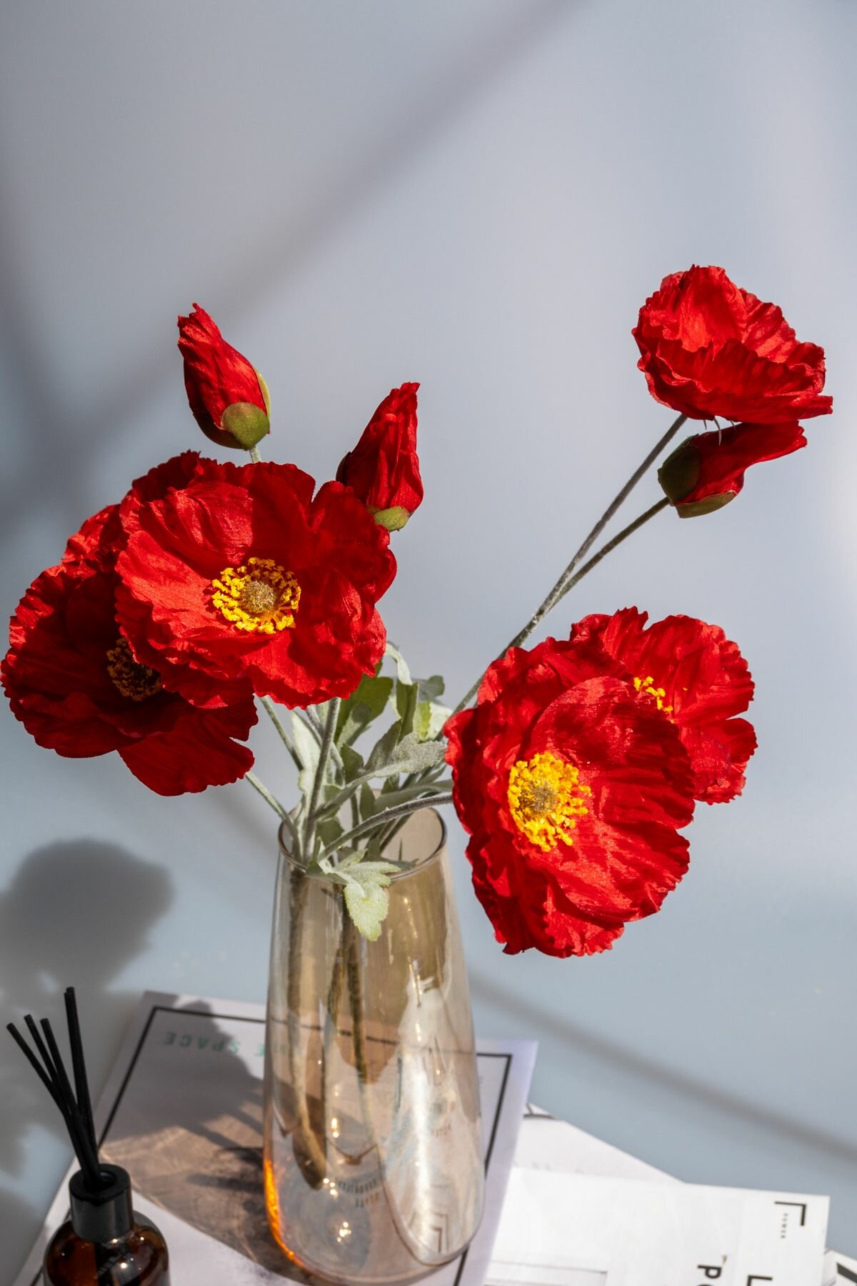 Искусственные цветы мак красный крупный осенний букет для декора премиум серия 3 ветки 60 см