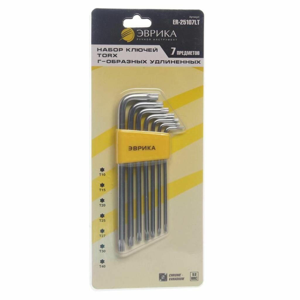 Набор ключей торкс TORX T10-Т40 Г-образных удлиненных 7 предметов, арт ER25107LT эврика