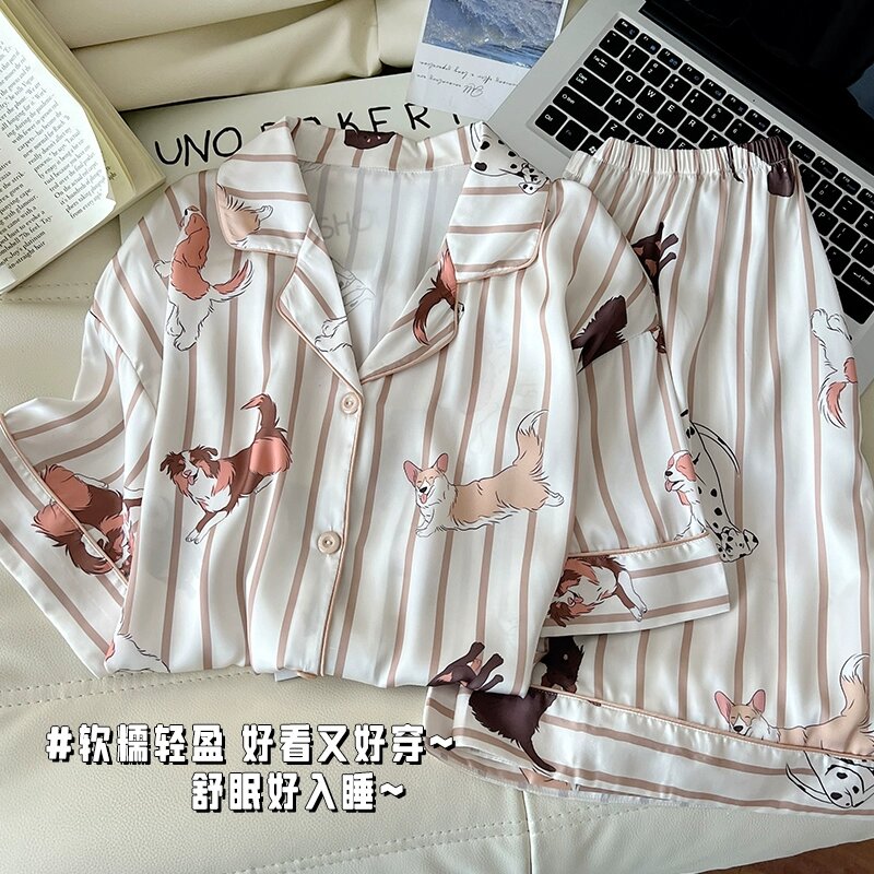 Пижама с короткими рукавами из розового милого шелка Hello Kitty для девочек, женская летняя одежда для отдыха, которую можно носить на улице, дома, летняя тонкая одежда