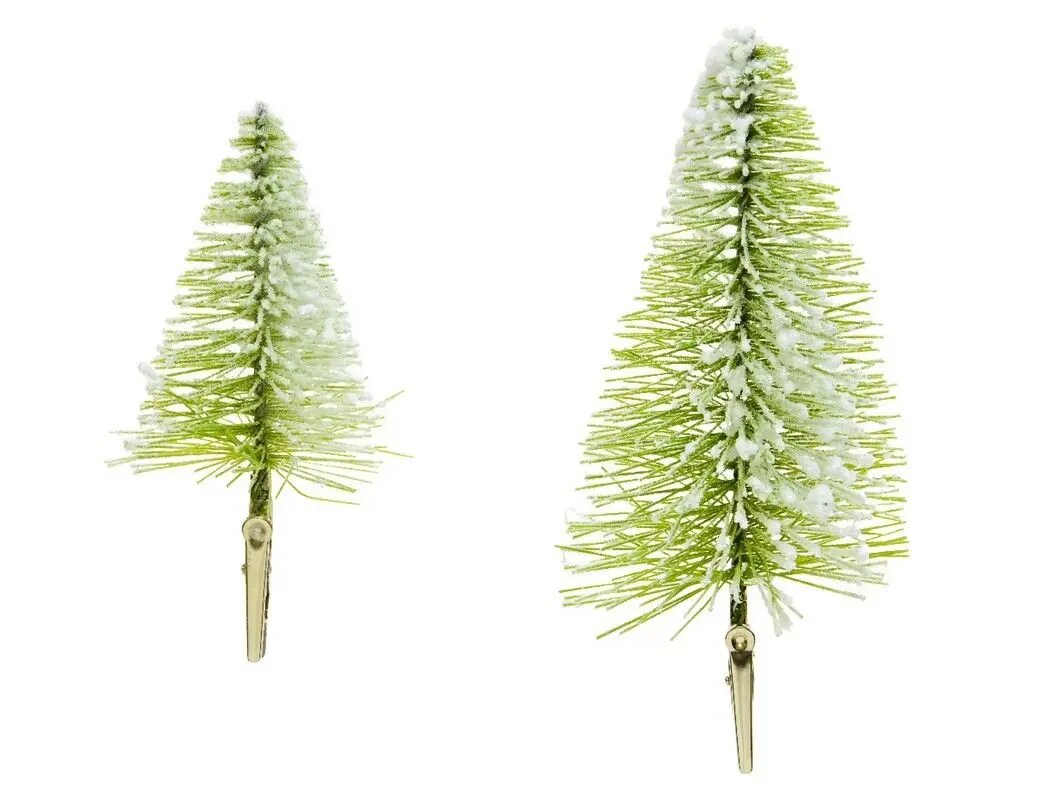 Декоративные ёлочки-браш энивер, на клипсах, зелёные заснеженные, 8-14 см (4 шт.), Kaemingk (Decoris)