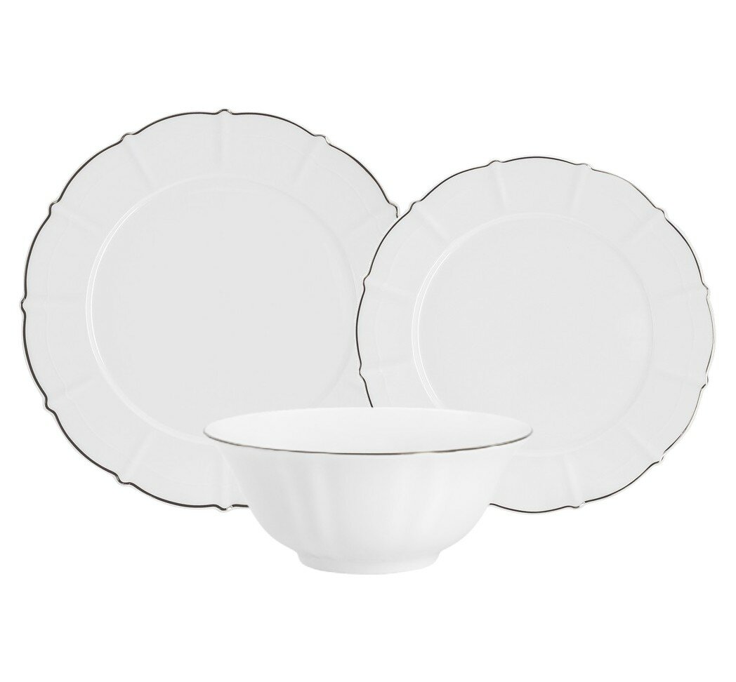 Набор обеденный 6 персон, 18 предметов, фарфор F, белая, с серебристым кантом, Lotus silver (Anna Lafarg Emily)