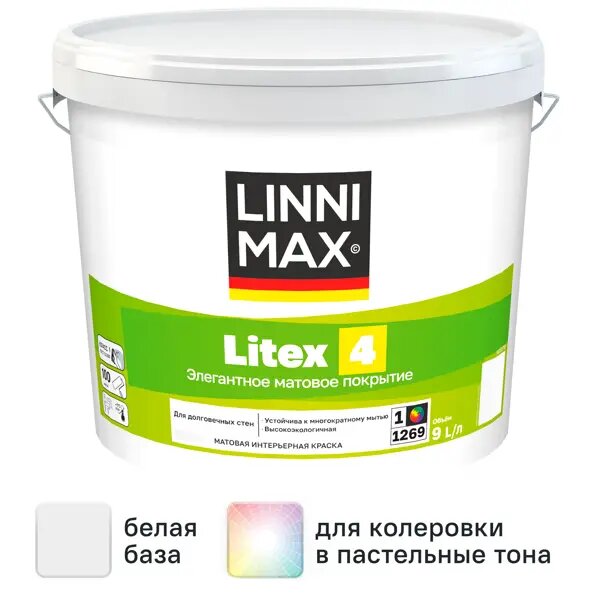 Краска для стен и потолков Linnimax Litex 4 моющаяся матовая цвет белый база 1 9 л