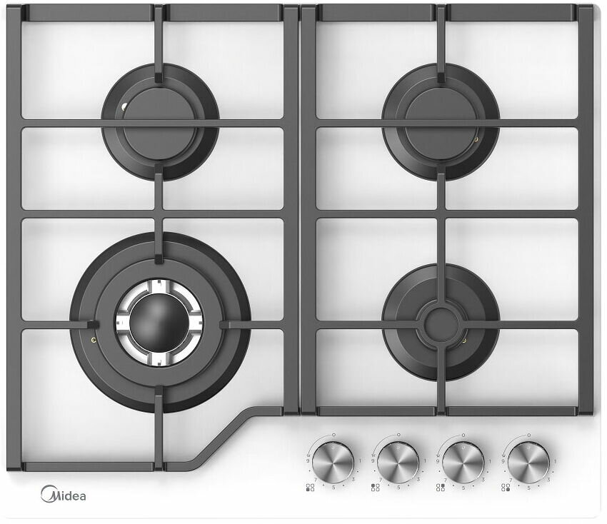 Варочная панель газовая Midea MG693TGW белое стекло, газ-контроль, 60 см, Чугунные решетки, WOK