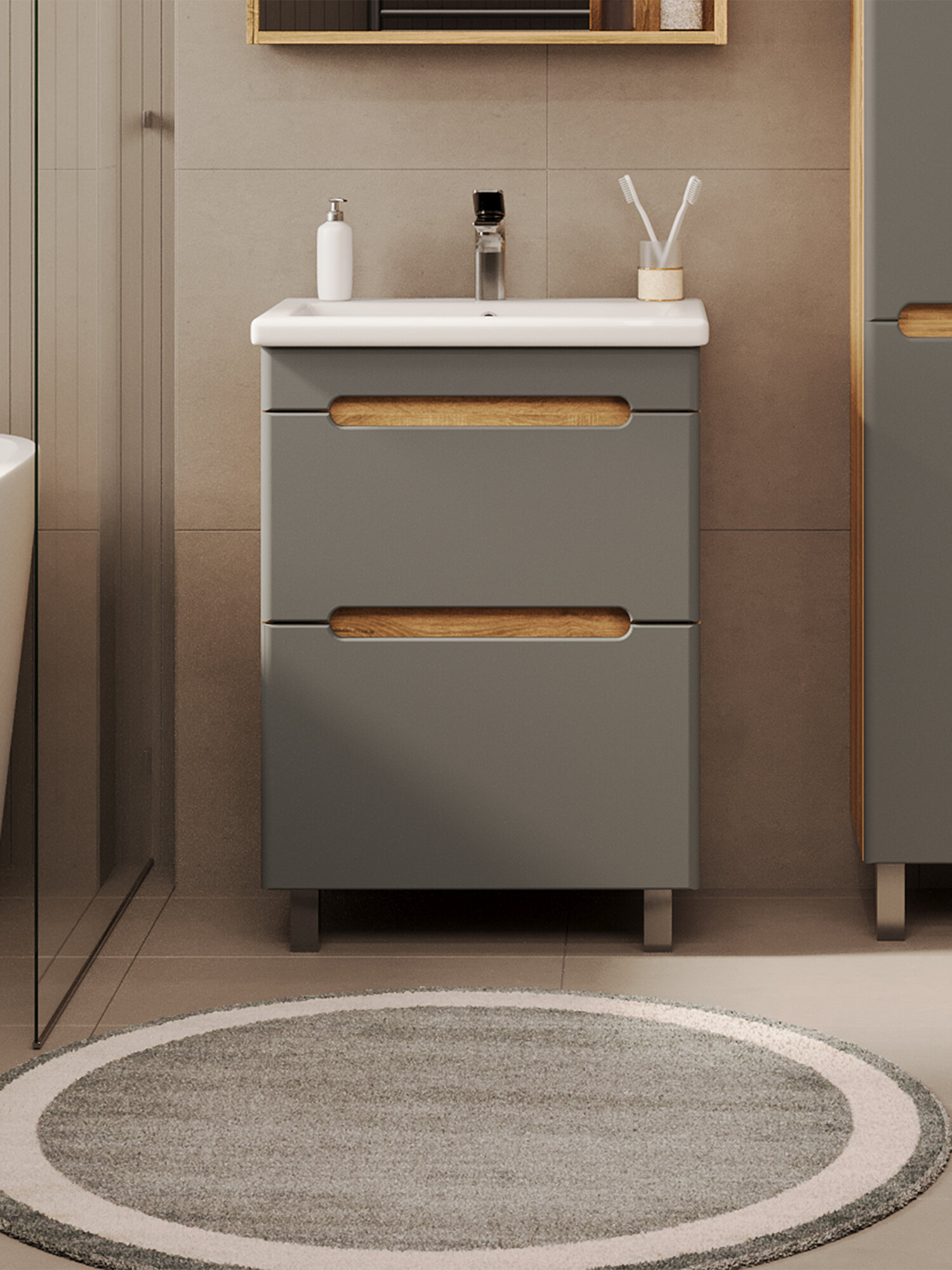 Тумба напольная Vannika Canto 50 с раковиной Como 50 (комплект) для ванной комнаты Дуб вотан, графит софт