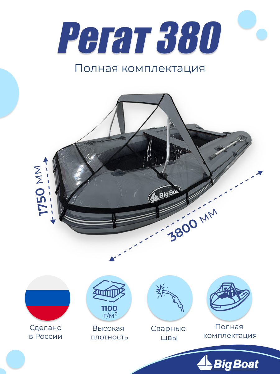 Надувная, под мотор, лодка в полной комплектации (носовой тент, Эва коврик, мягкие накладки) из ПВХ Регат 380 НДНД
