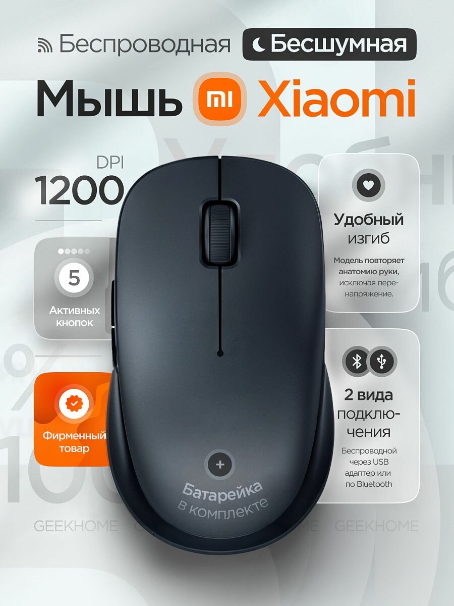 Мышь беспроводная, компьютерная мышка, офисная для ноутбука и компьютера, черный