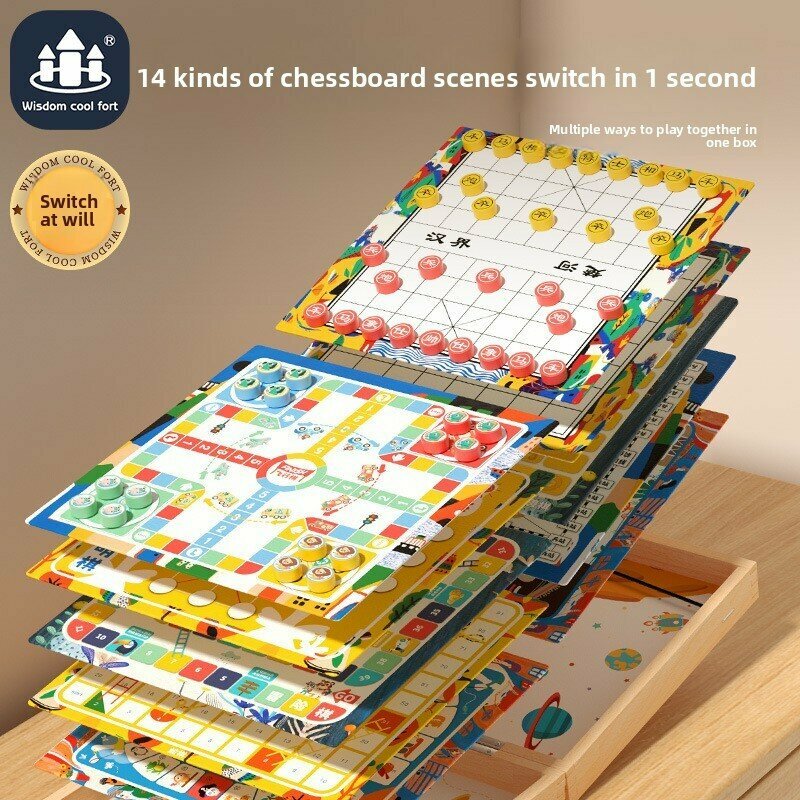 Childrens wooden educational board game with multiple chess variants for family fun and brain development