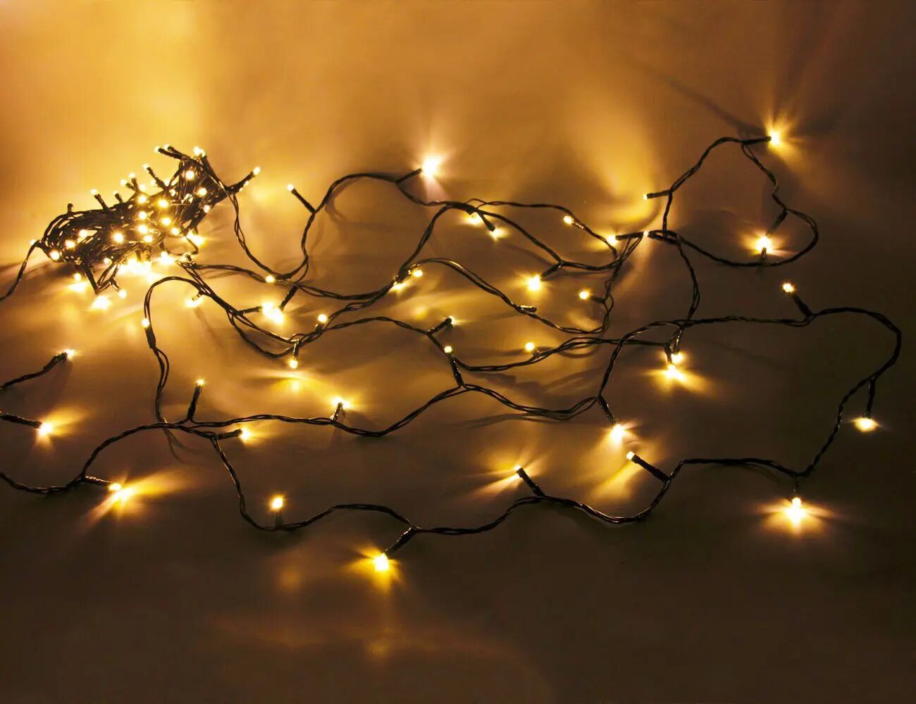 Электрогирлянда нить - кристаллики света, 100 тёплых белых/разноцветных LED-огней, 10+3 м, контроллер, зелёный провод, уличная, SNOWHOUSE