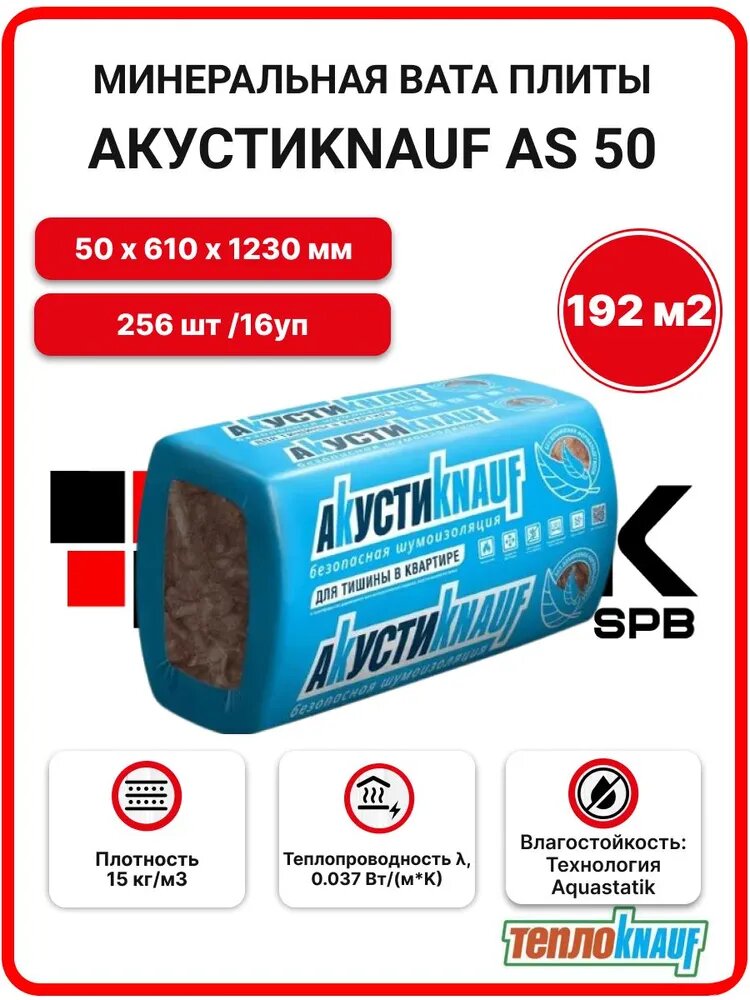 АкустиKNAUF AS 50 мм ( 16 УП. / 192 м2 / 256 плит) минеральная вата кнауф, звукоизоляция домов, квартир, дач